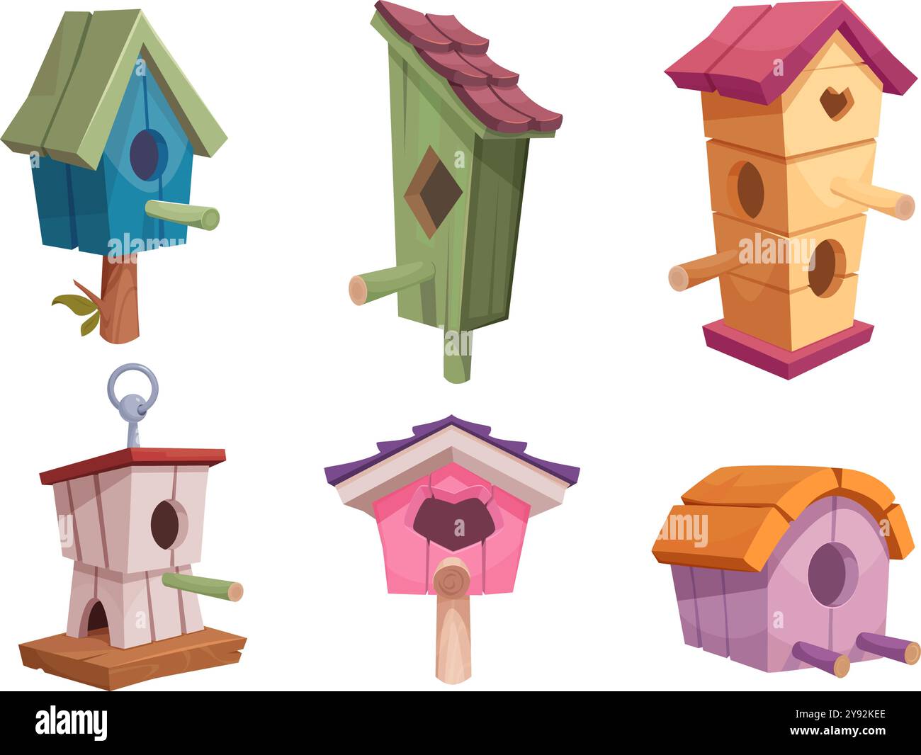Bird house. Wooden cute places for birds home nest exact vector ...