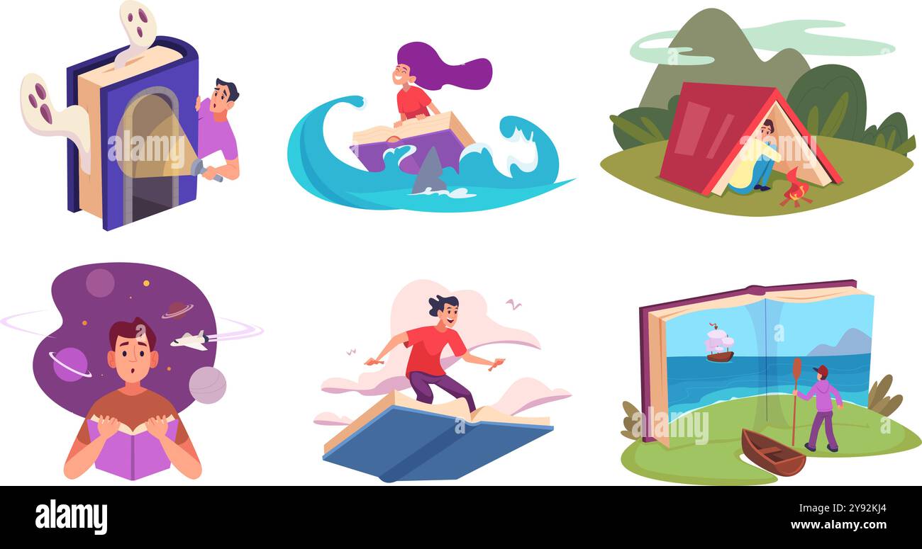 Fantasy reading. Concept illustrations of imagination readers fairytale ...