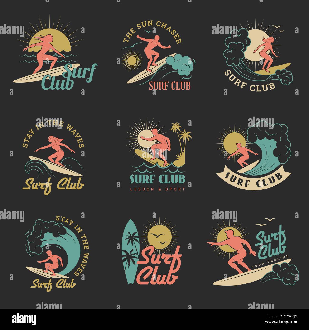 Surf club. T shirt design emblems freedom templates with surfers in ...