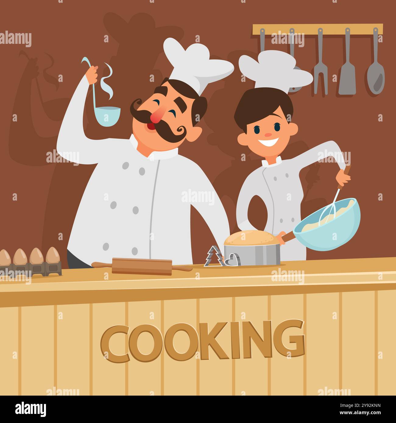 cooking. chef with assistant cooking in kitchen interior. vector ...
