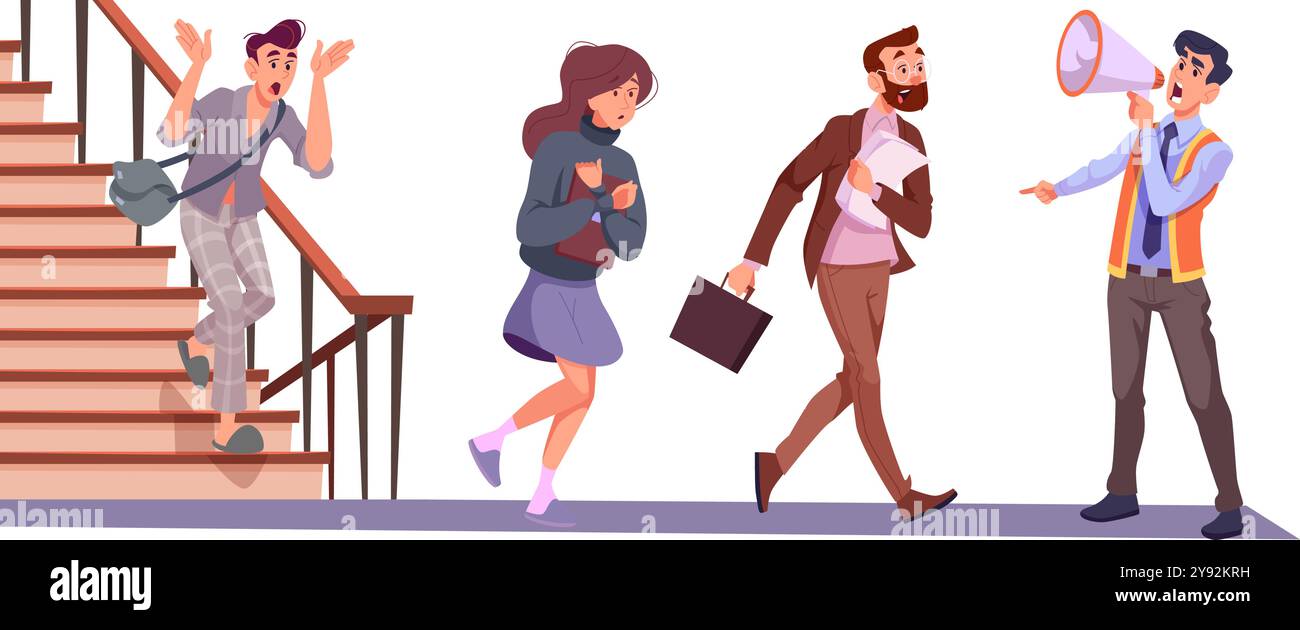 Evacuation. Emergency alert escape from buildings or offices. Life help ...