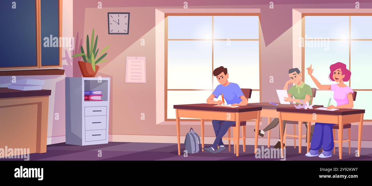 Lessons. Students do exam sitting at desk and writing specific ...
