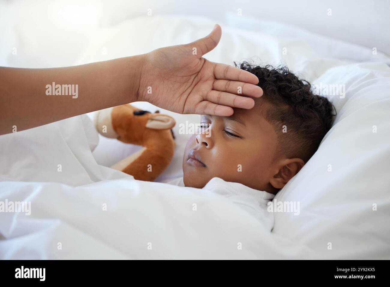 Hands, check and temperature of sick child with fever, symptoms and ...