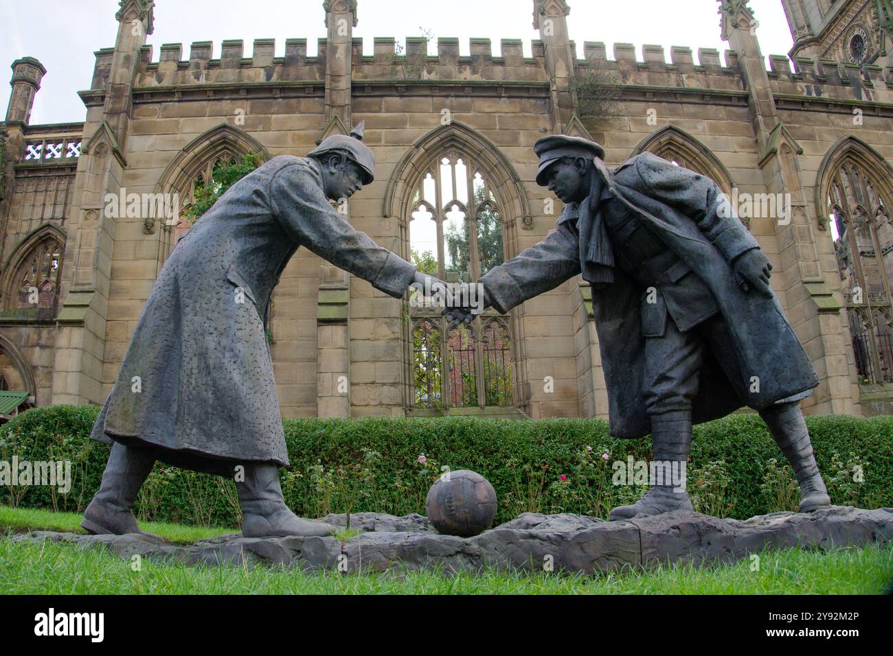 WW1 Christmas day truce memorial statue at St Luke's church, Liverpool, UK Stock Photo - Alamy