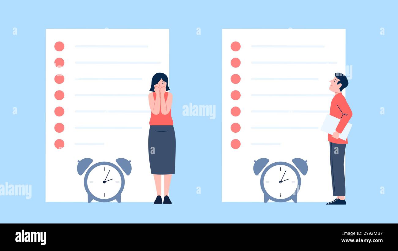 Employees have many tasks. Man woman scared and puzzled to do list ...