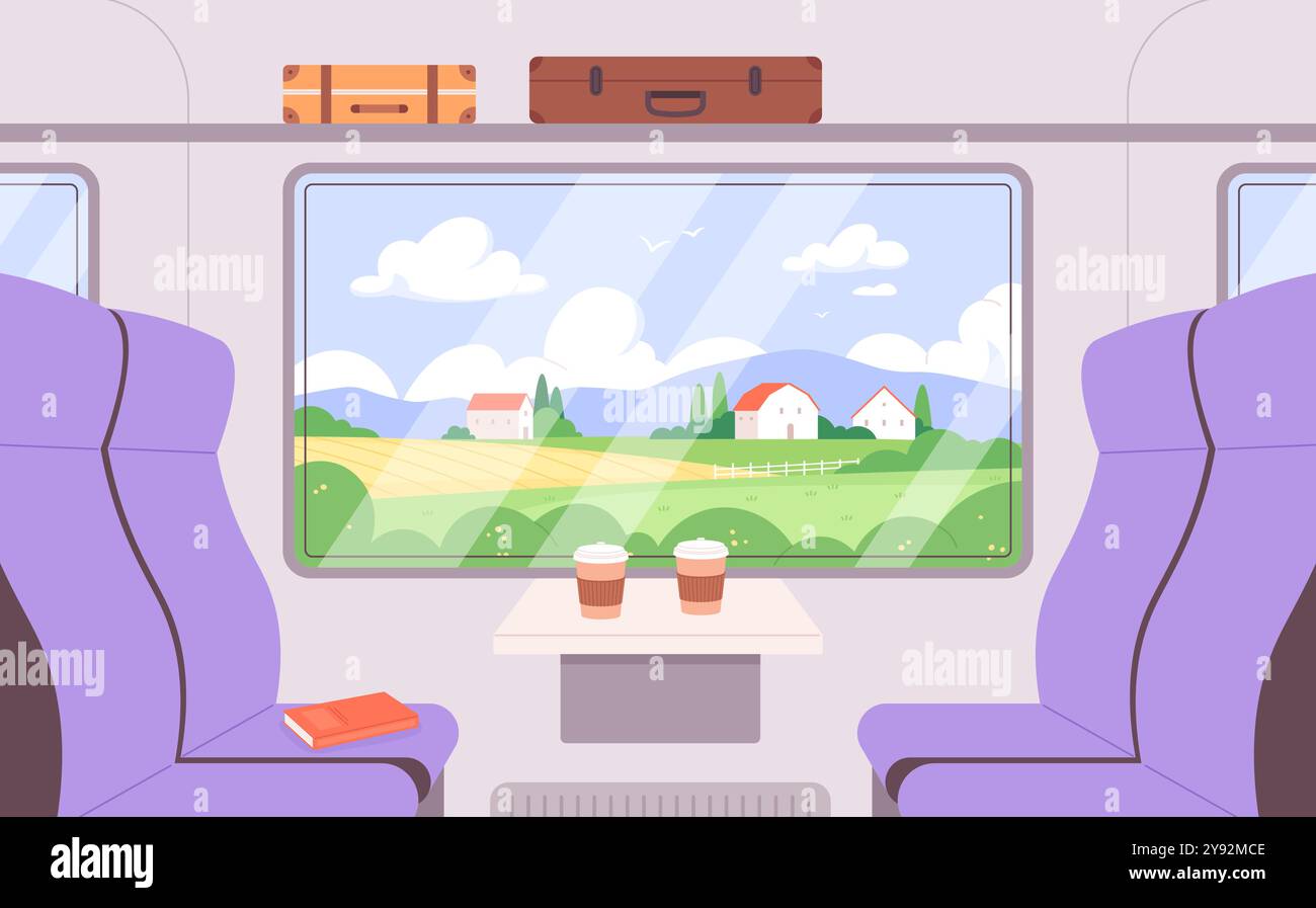 Passenger train window. Railway journey in cozy modern carriage with ...