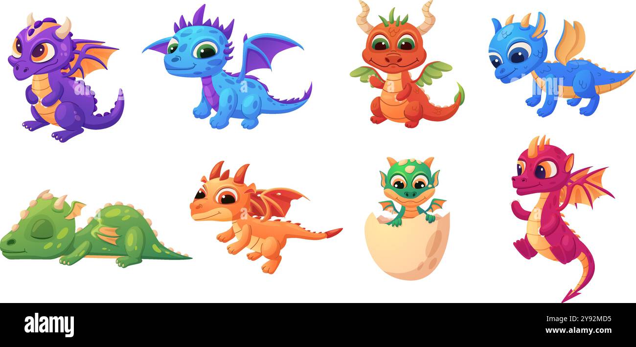 Cartoon baby dragons. Fairytale magic dragon children, cute fire ...