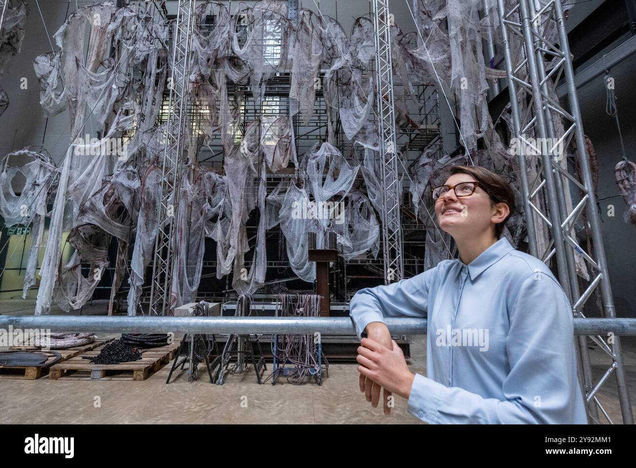 London, UK. 8 October 2024. Staff at the unveiling of ‘Open Wound’ by ...