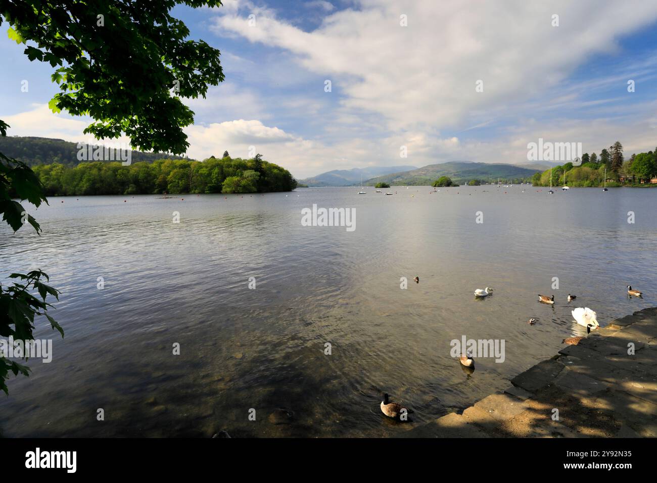 View down Lake Windermere from Bowness on Windermere town, Cumbria ...