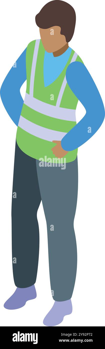 Road worker is standing and wearing a safety vest in this isometric ...
