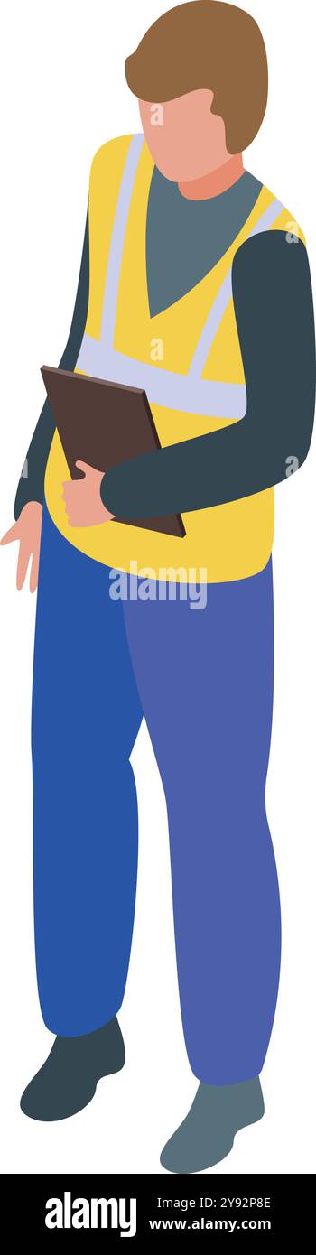 Isometric illustration of a construction worker holding a clipboard ...