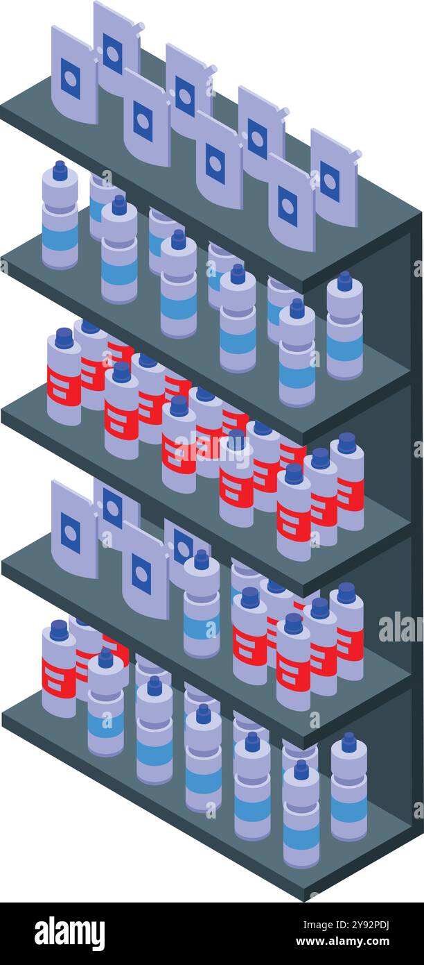 Isometric supermarket shelf displaying rows of colorful cleaning products bottles with wobblers ...