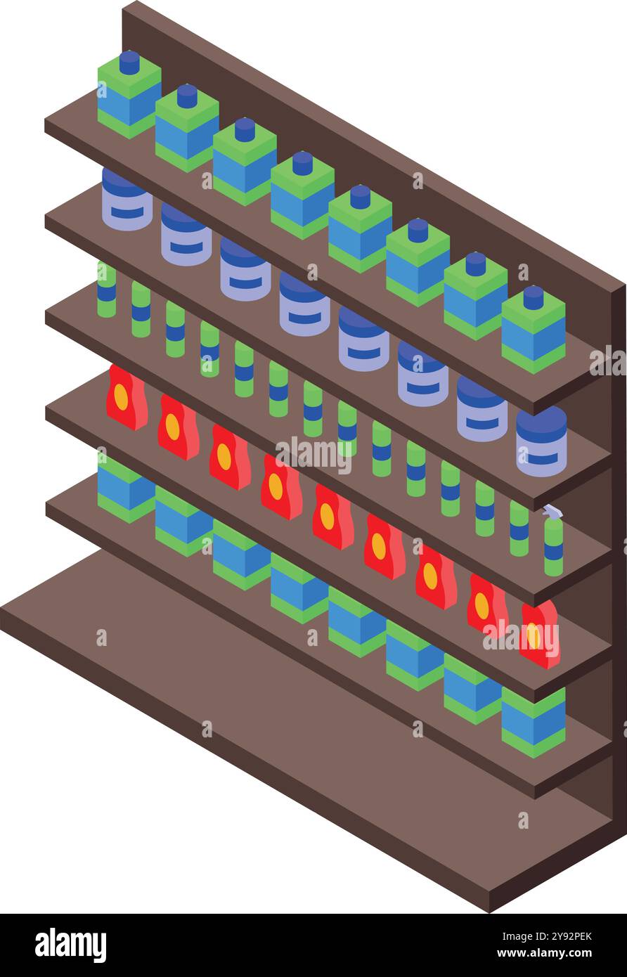 Isometric supermarket shelf displaying various retail products for sale ...
