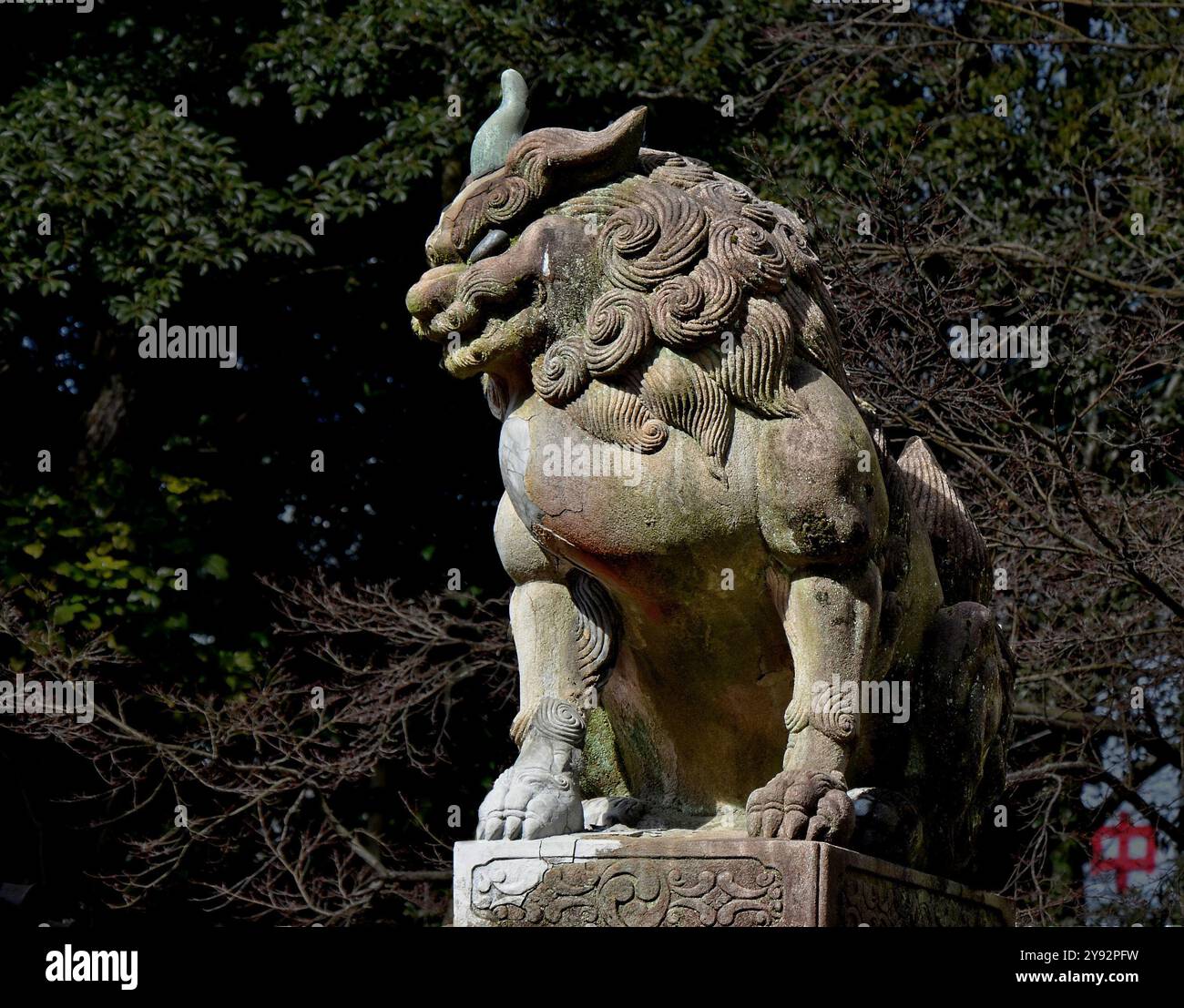 Statue of Lion Dog called Komainu at the main gate of Yasaka Shrine ...