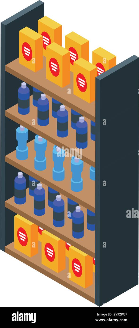 Isometric illustration of a supermarket shelf displaying various ...