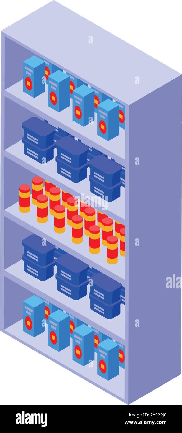 Full supermarket shelf displaying products in boxes and cans isometric ...