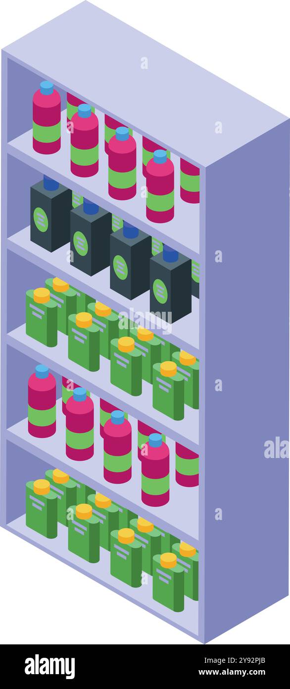 Isometric supermarket shelf displaying products for sale in store Stock ...
