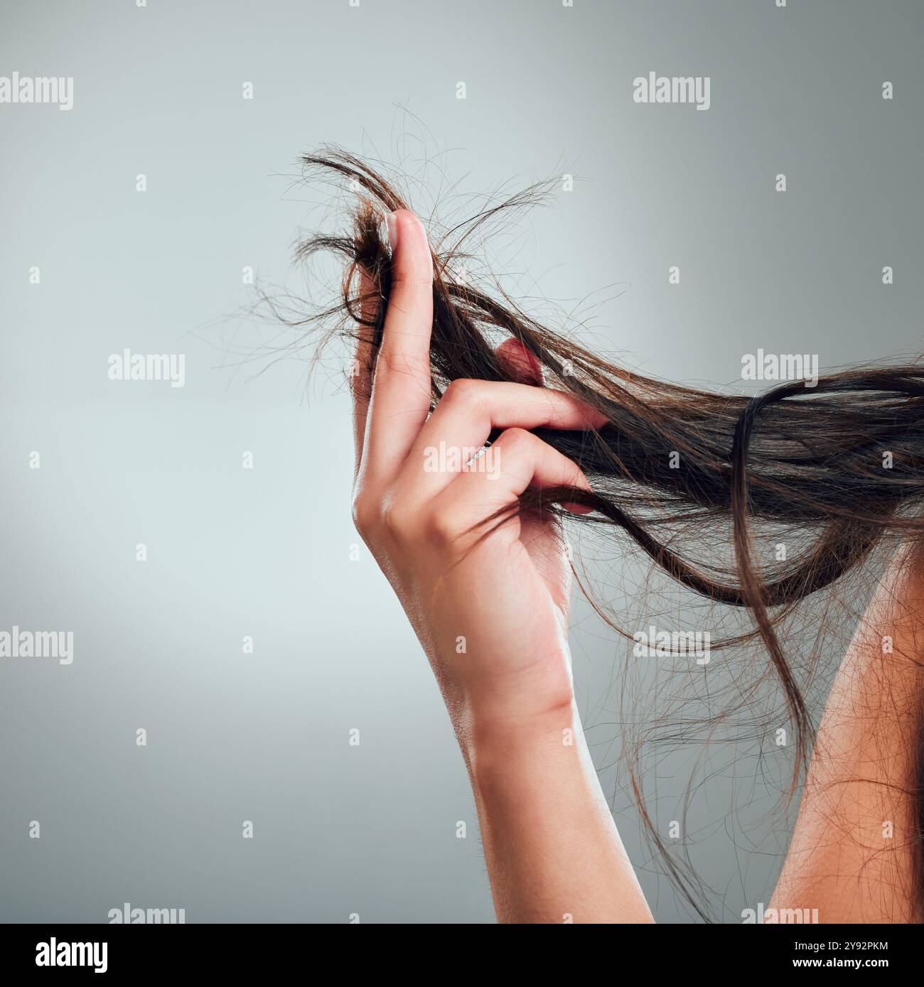 Hand, hair care and damage in closeup, studio and show split ends for ...
