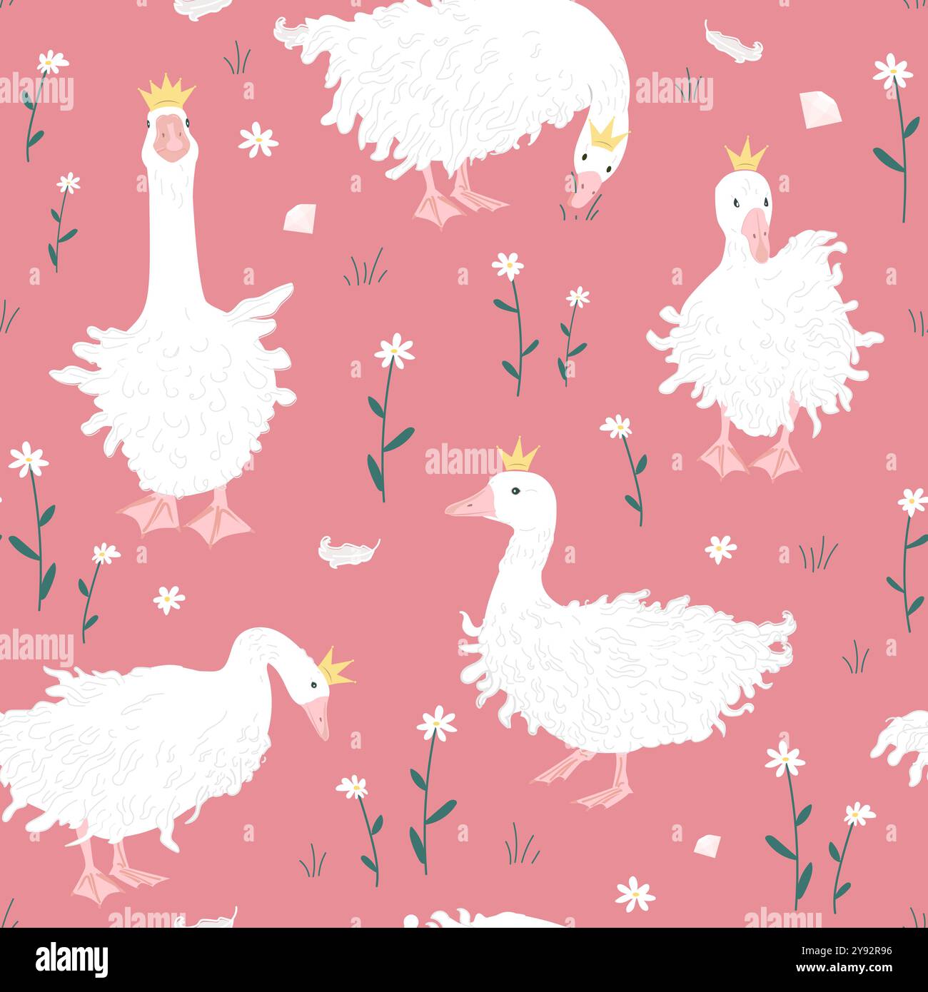 Cute seamless pattern with Sebastopol goose in crowns, and white daisy ...