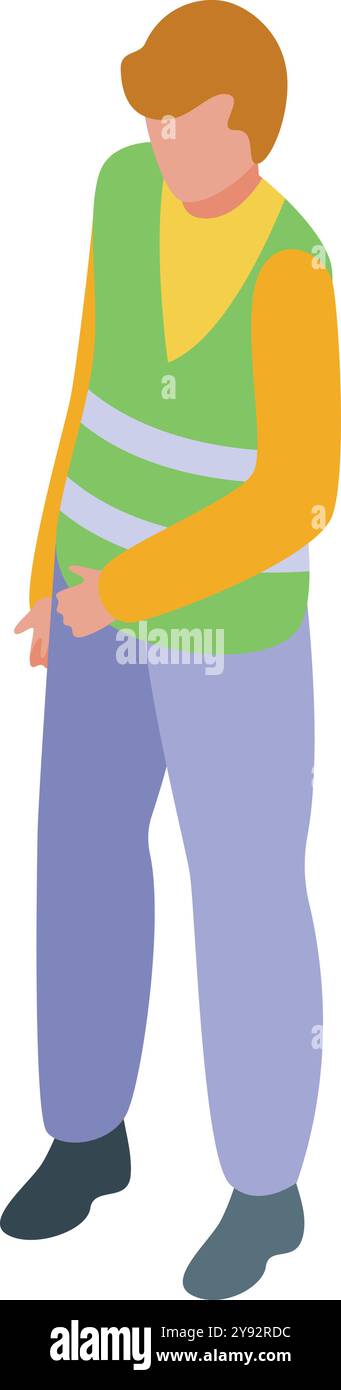 Construction worker wearing safety vest standing in isometric view ...