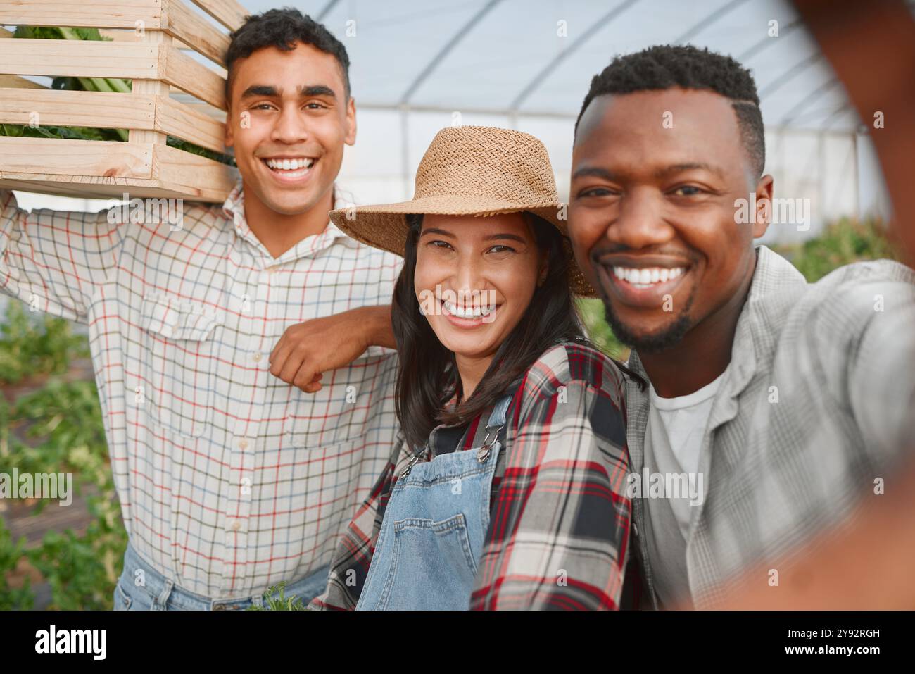 Greenhouse, friends and portrait with selfie for farming, small ...