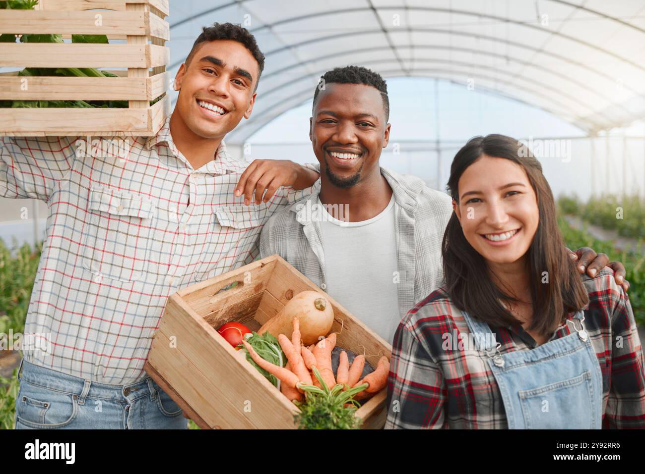 Farming, happy people and portrait with basket for vegetables, plants ...