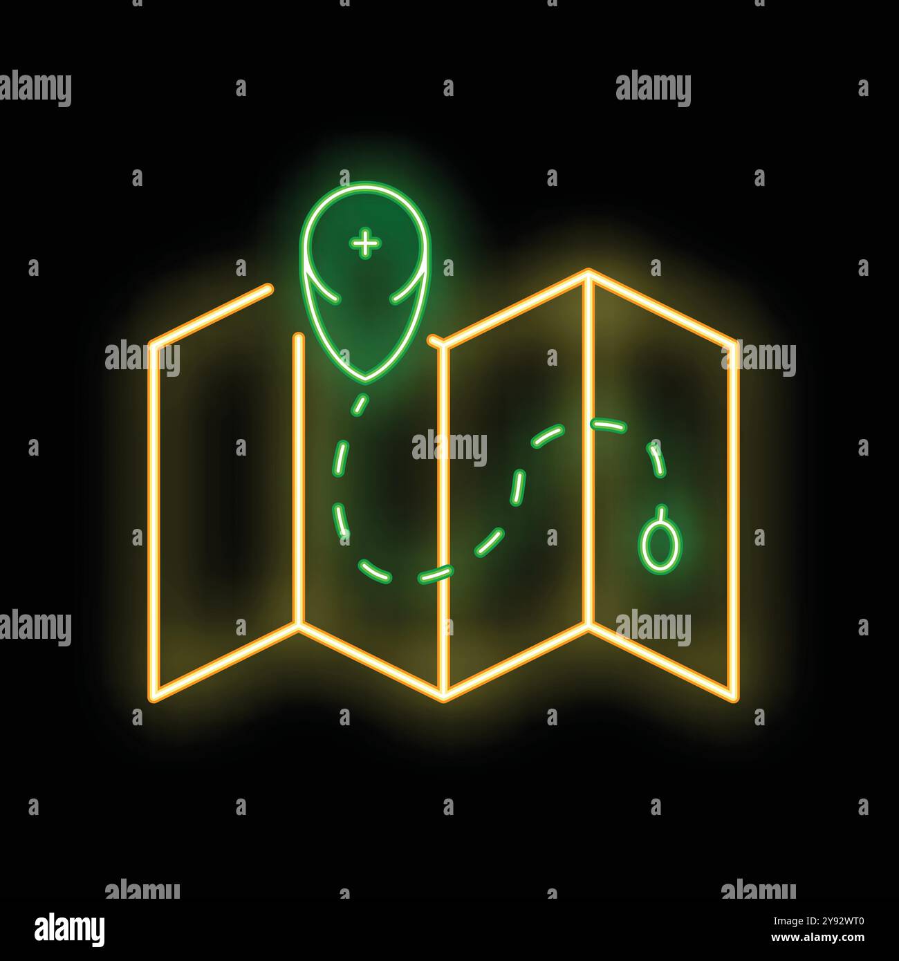 Glowing neon sign showing a map with a location pin and a route marked ...