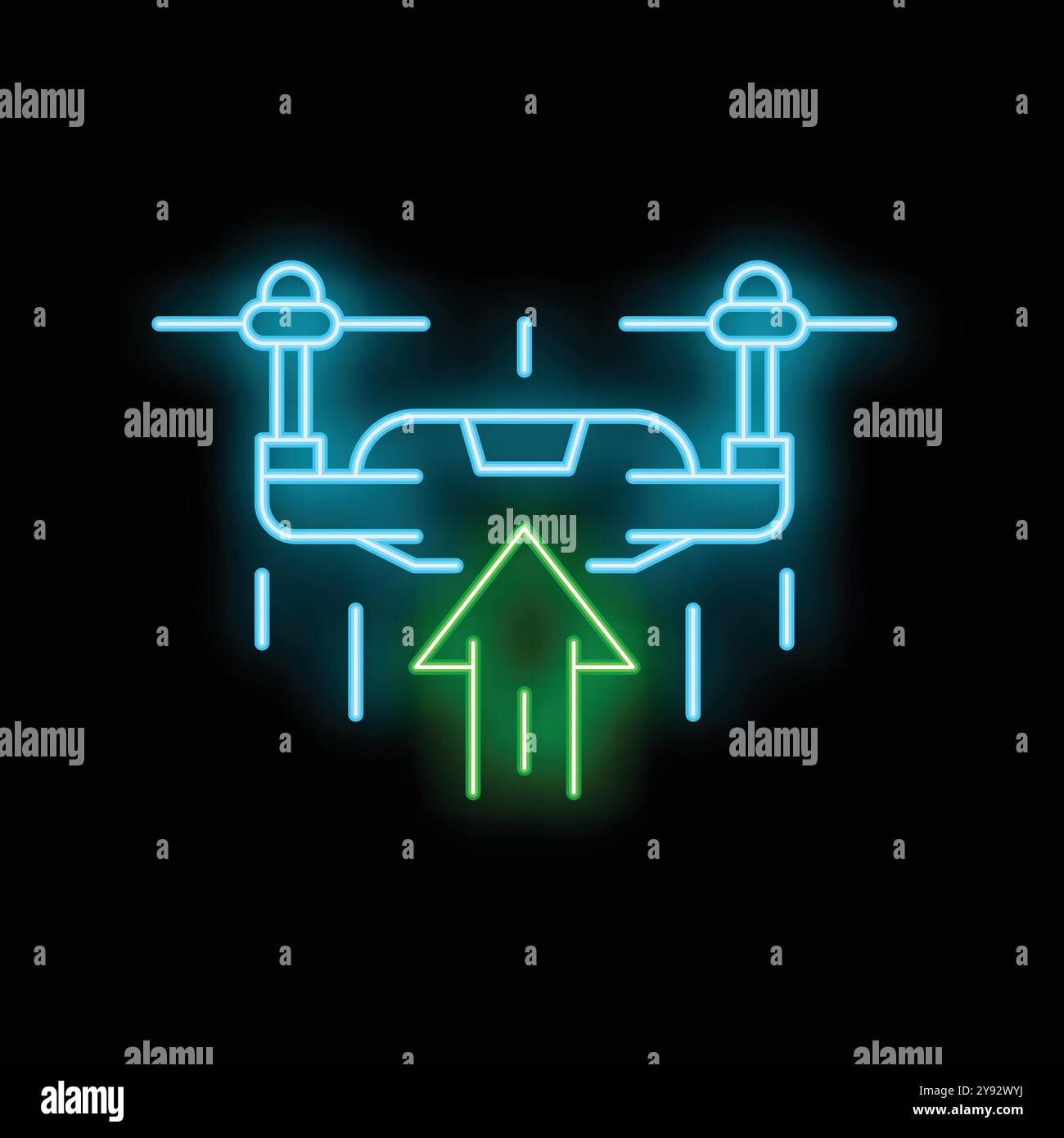 Neon sign of a drone taking off, with a green up arrow below, on a ...