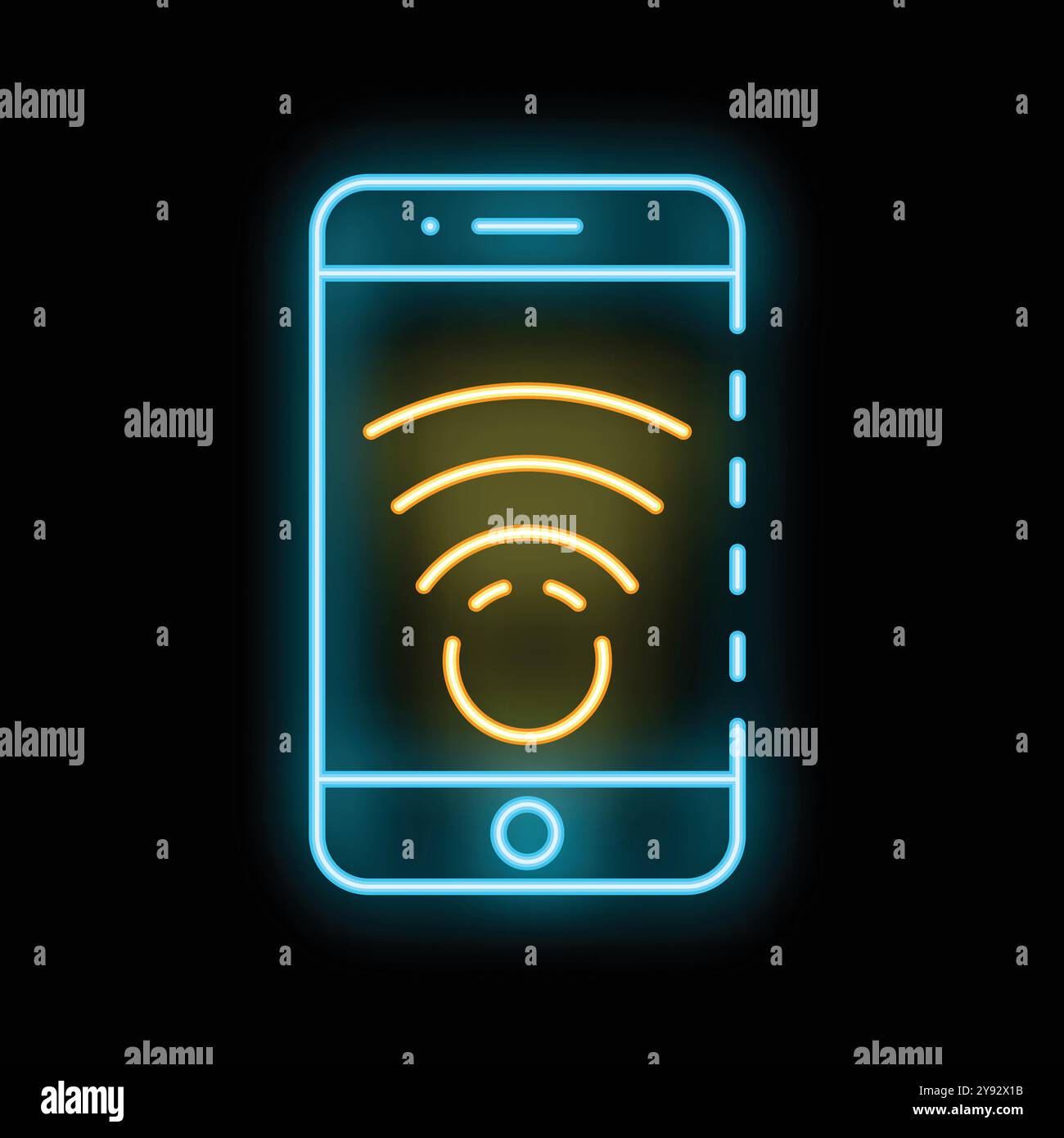 Neon glowing smartphone with wifi icon and happy emoji on screen Stock ...