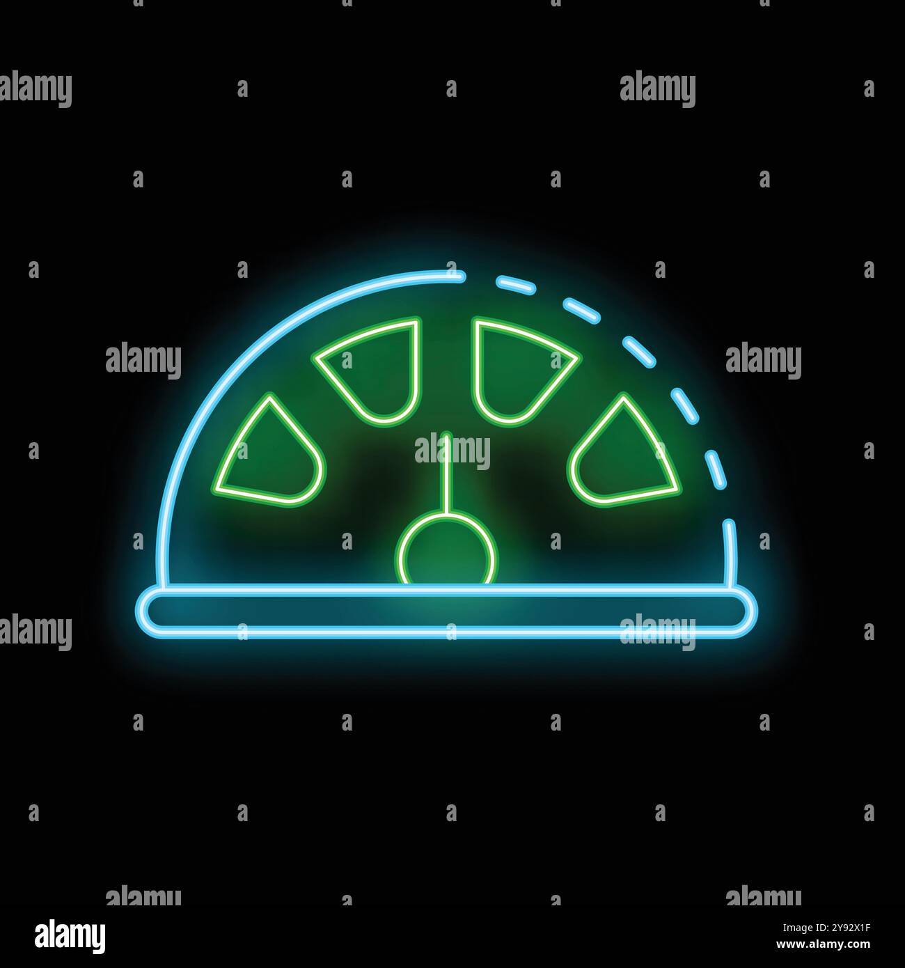 Bright neon speedometer with glowing green indicator needle moving on ...