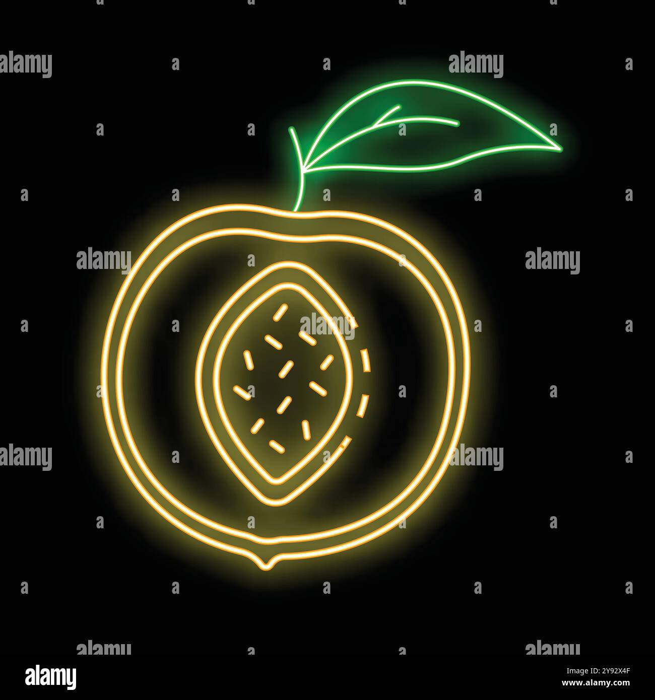 Glowing neon sign depicting a peach with a pit and leaf on black ...