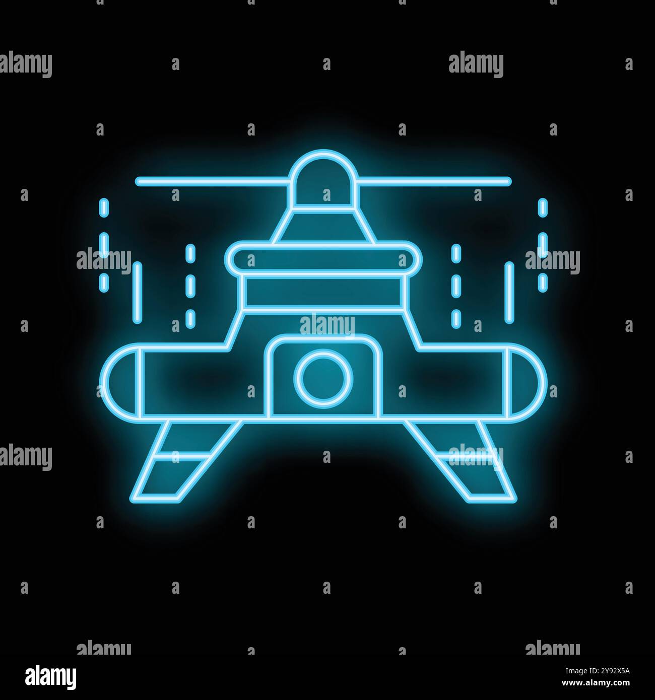 Bright blue neon icon of an agricultural drone spraying insecticide ...