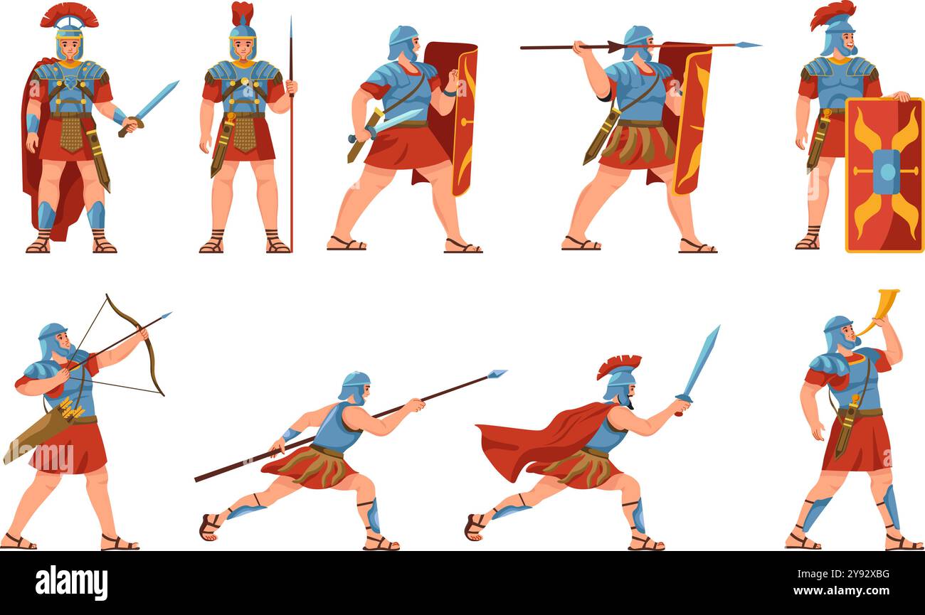 Cartoon roman soldiers. Armored soldier ancient rome empire army ...