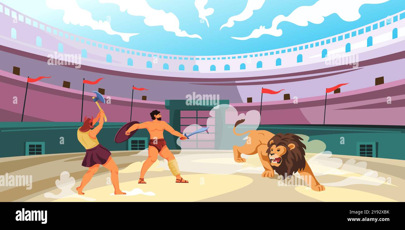 Gladiator fight lion. Roman warrior battle against strong animal inside ...