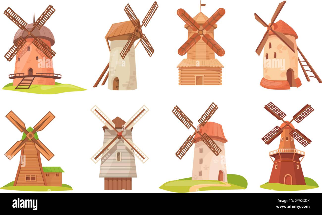 Cartoon rural windmills. Holland farm mill old dutch wood stone towers ...
