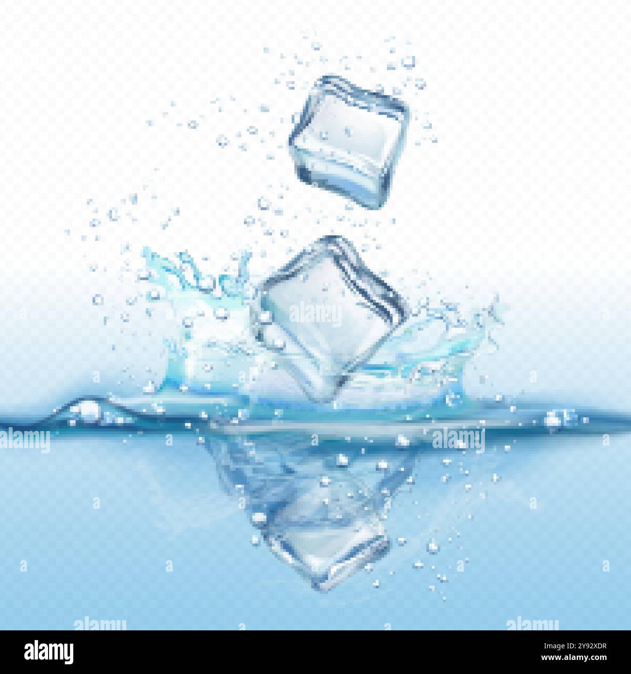 Ice cube dropped water. Iced cubes moving floating in freshness purity liquid with splashing ...