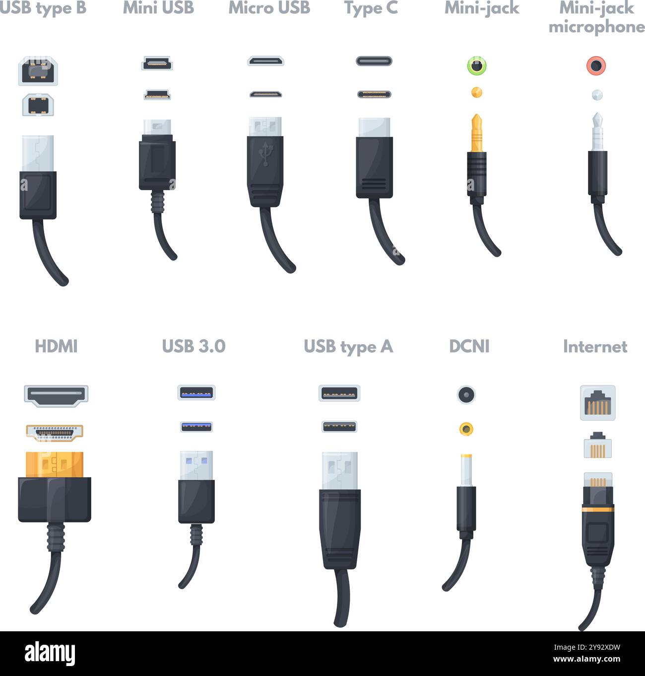 Plug cable connectors. Computer or phone cables and sockets, hdmi port ...