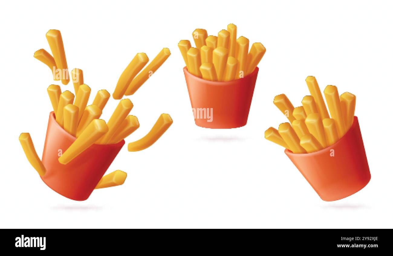 3d french fries. Crispy fry potato takeaway cardboard container, fried ...
