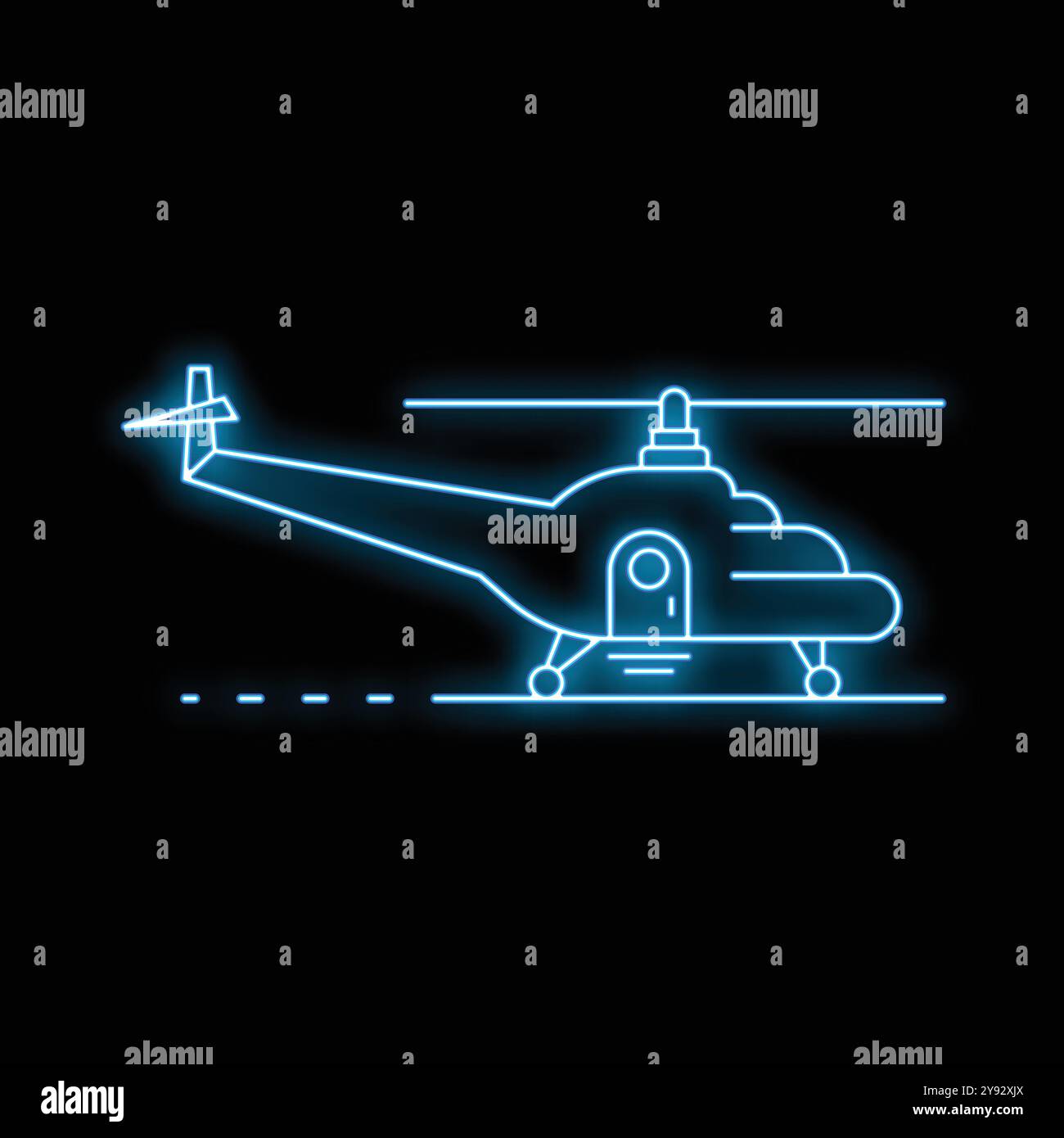 Blue neon sign of a helicopter landing on a landing strip at night ...