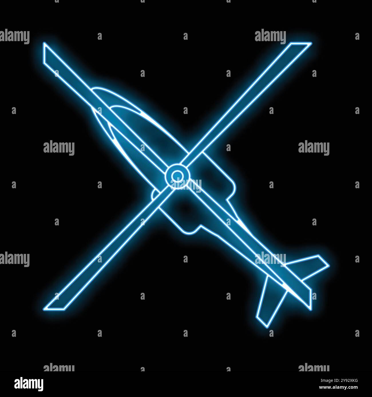 Blue neon sign depicting a helicopter flying towards the viewer Stock ...