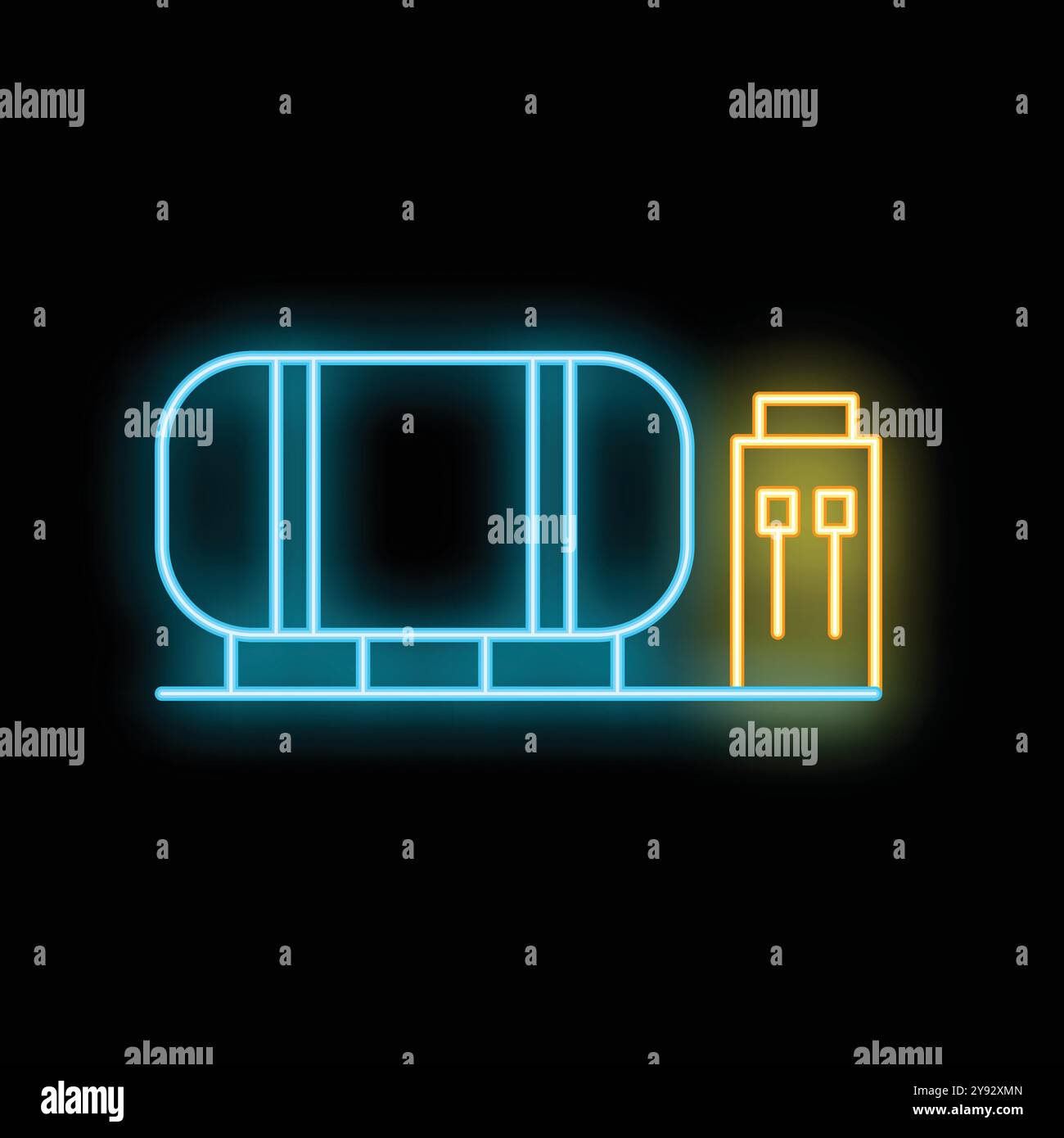 Glowing neon icon of industrial equipment with control panel ...