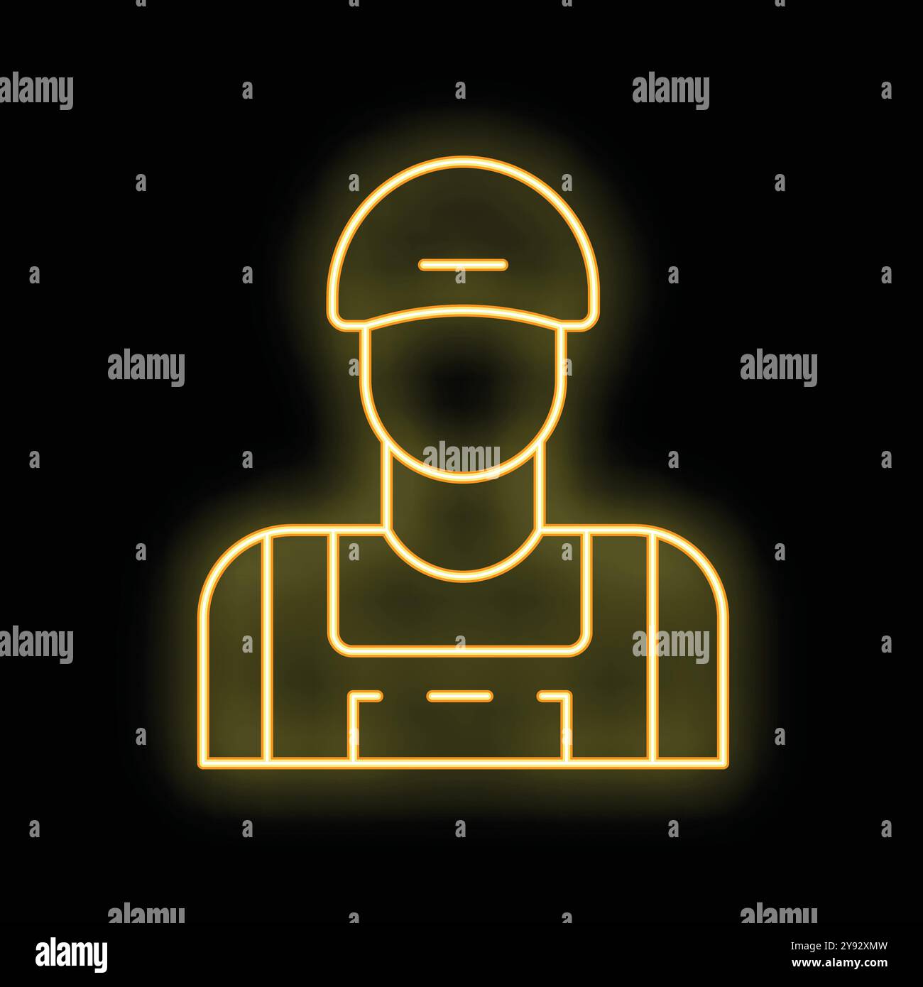 Yellow neon icon of a construction worker wearing overalls and hard hat ...