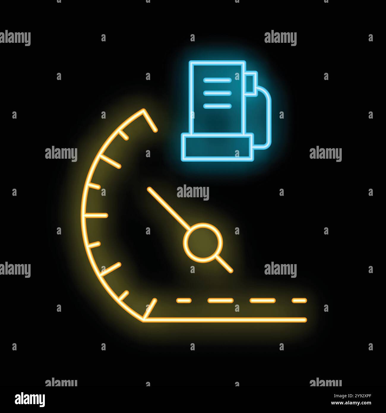 Neon speedometer is showing progress of work on document with paperclip ...