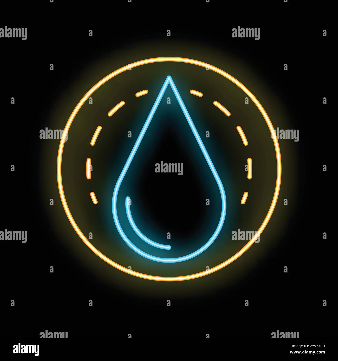 Neon sign illuminating a water drop inside a circle, symbolizing water ...