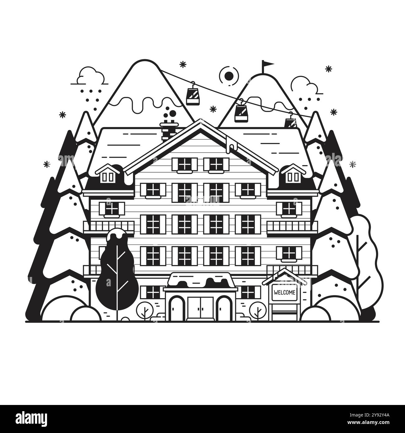 Ski resort landscape in line art design. Minimalist winter mountain ...