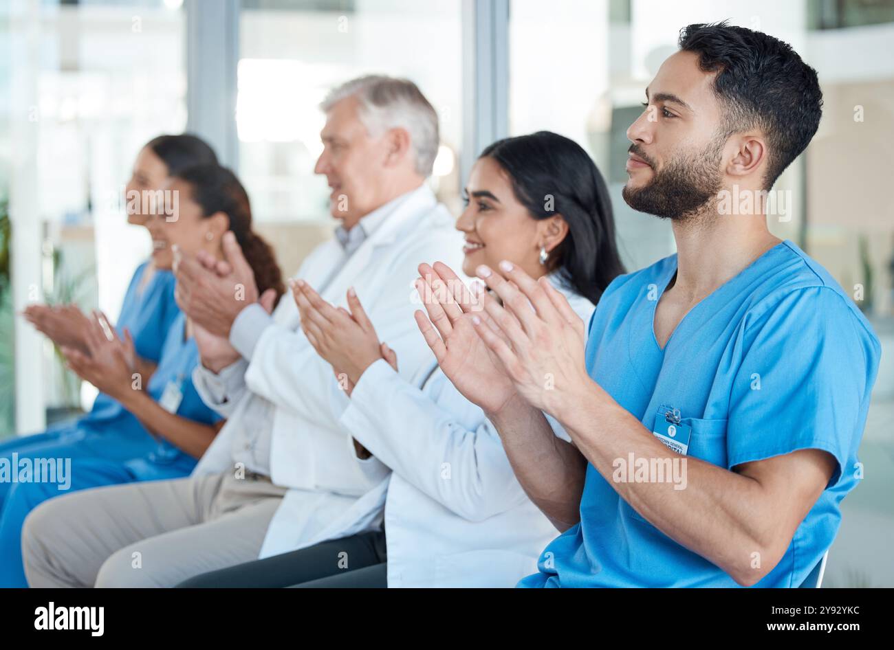 Conference, medical team and happy with applause on presentation on ...