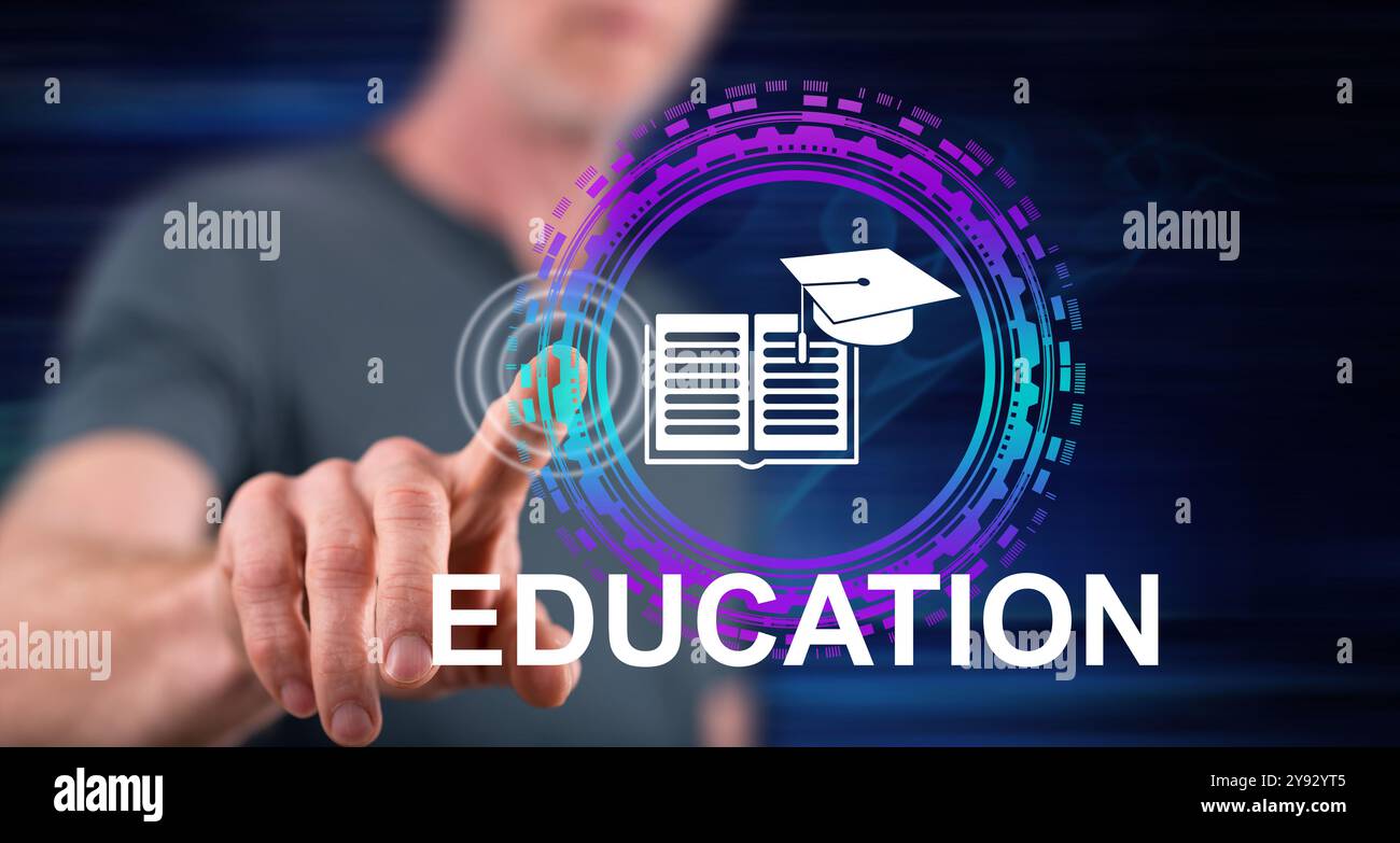 Man touching an education concept on a touch screen with his finger ...