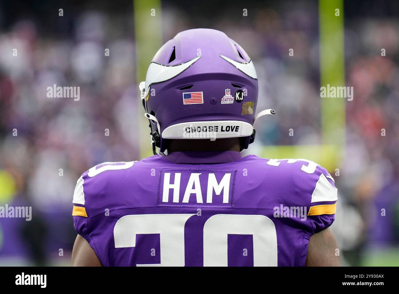 Minnesota Vikings fullback C.J. Ham (30) wears a Crucial Catch decal on ...