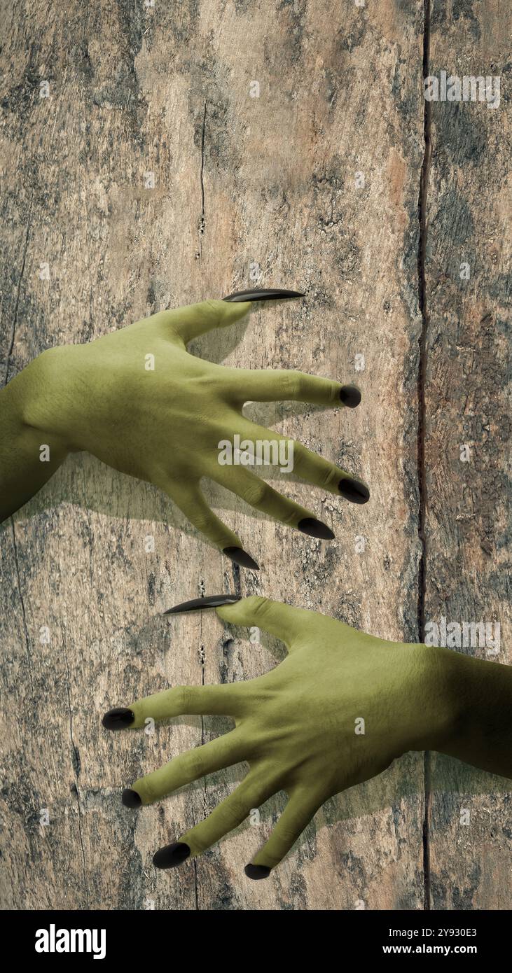 Two witch hands reaching out from a wooden post on dark background ...