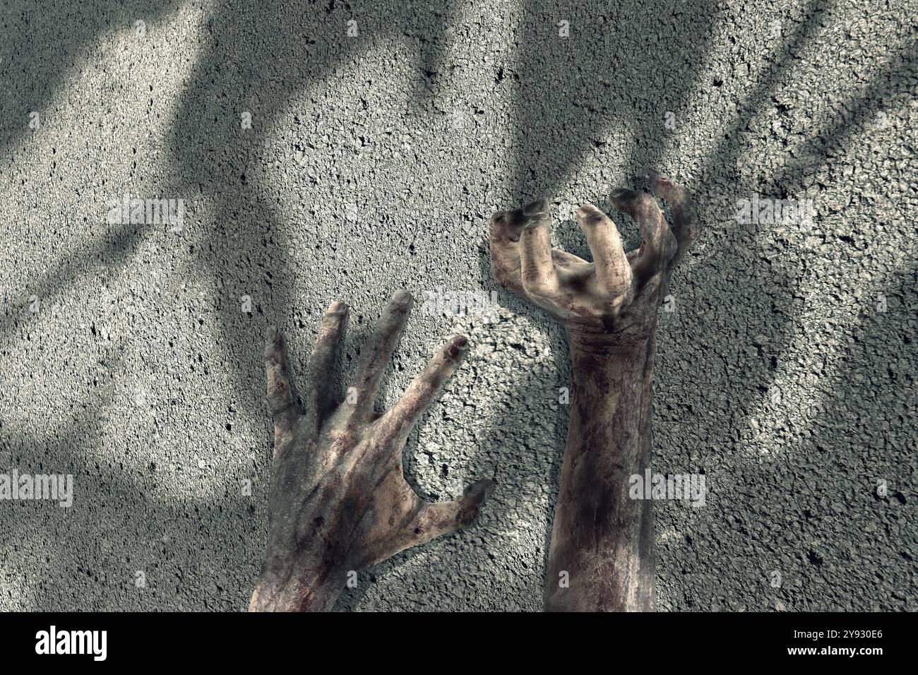 Zombie hands with bloody wound shown on the grungy wall. Hand appearing ...